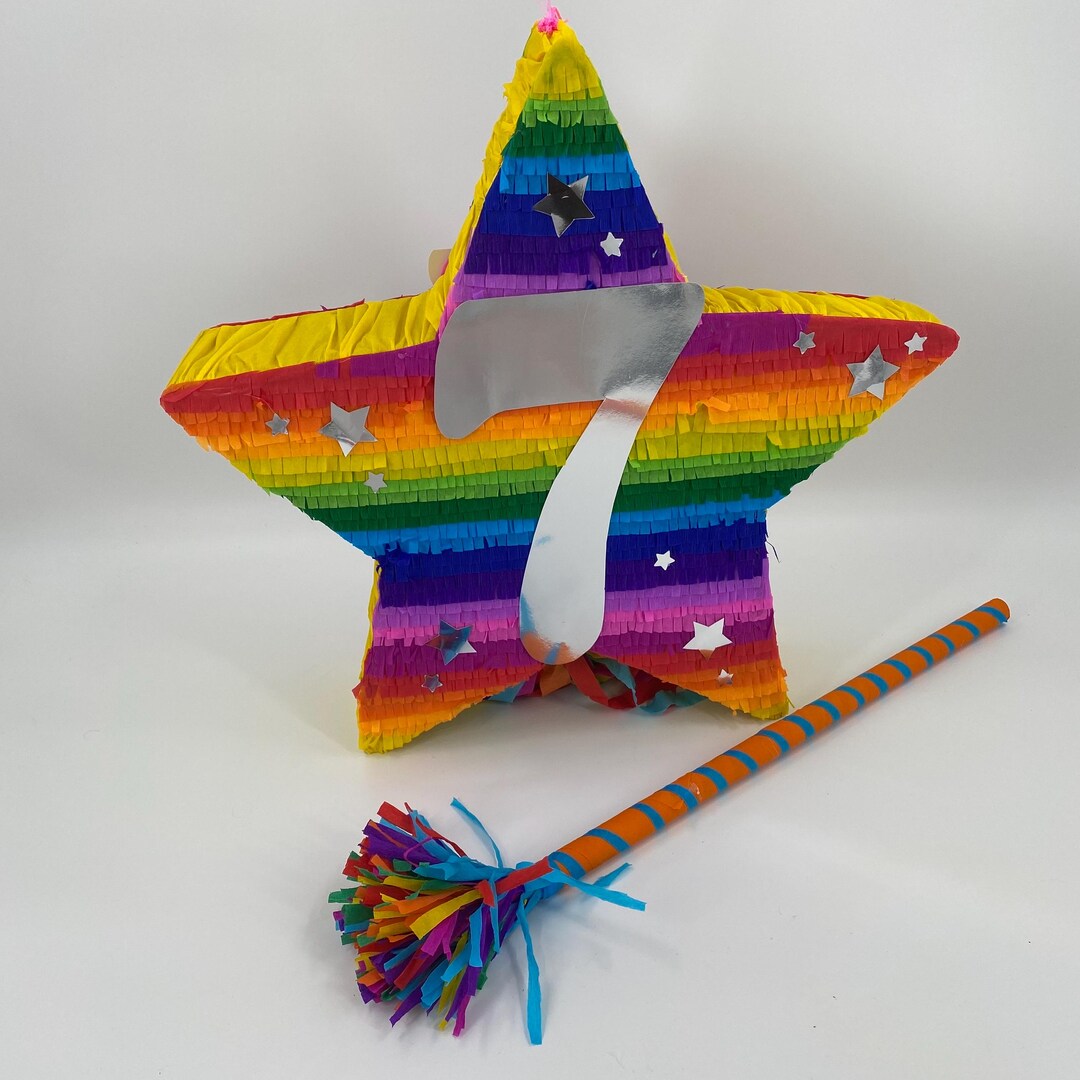 7th Birthday Pinata, Large Rainbow Coloured Star With a Silver Number ...