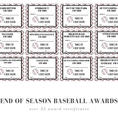 End of Season Baseball Award Certificates 45 Baseball - Etsy