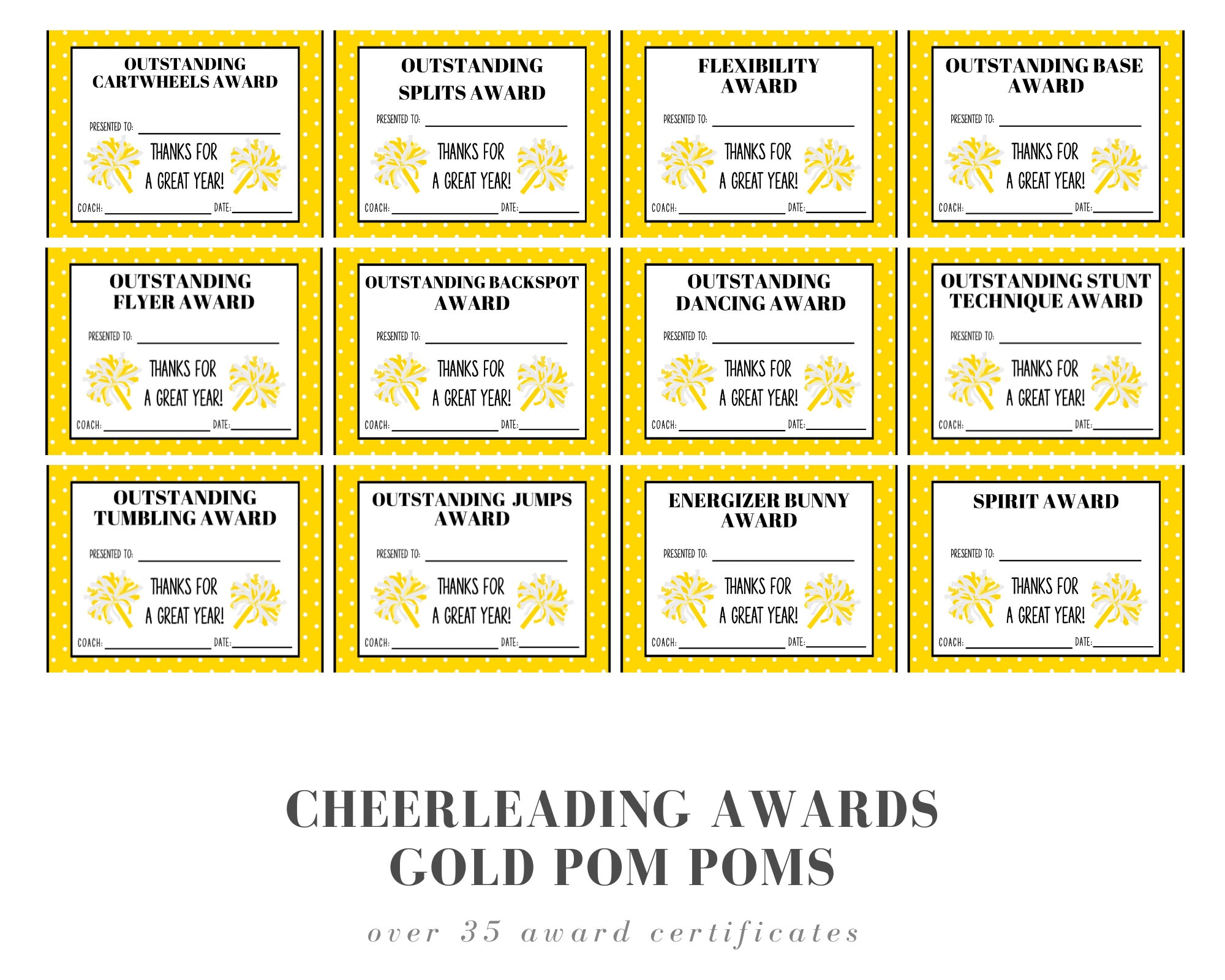Cheerleading Award Certificates Gold Pom Poms - Etsy