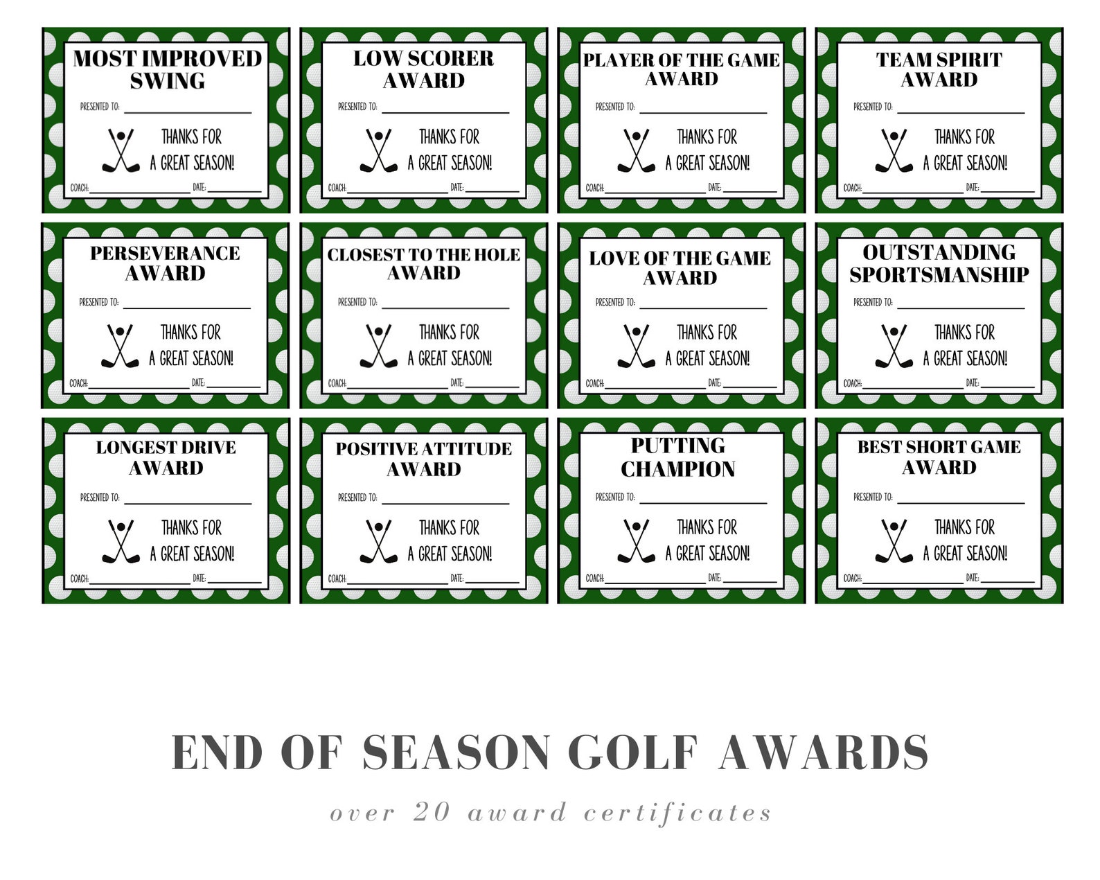 Golf Award Certificates End of Season Digital Download Printables - Etsy