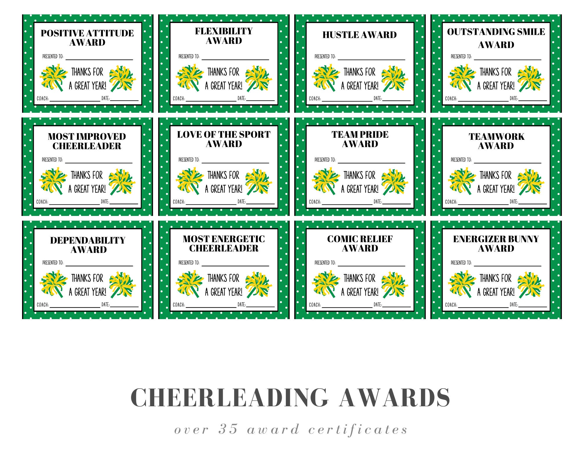 Cheerleading Award Certificates | Green and Gold Pom Poms - Etsy