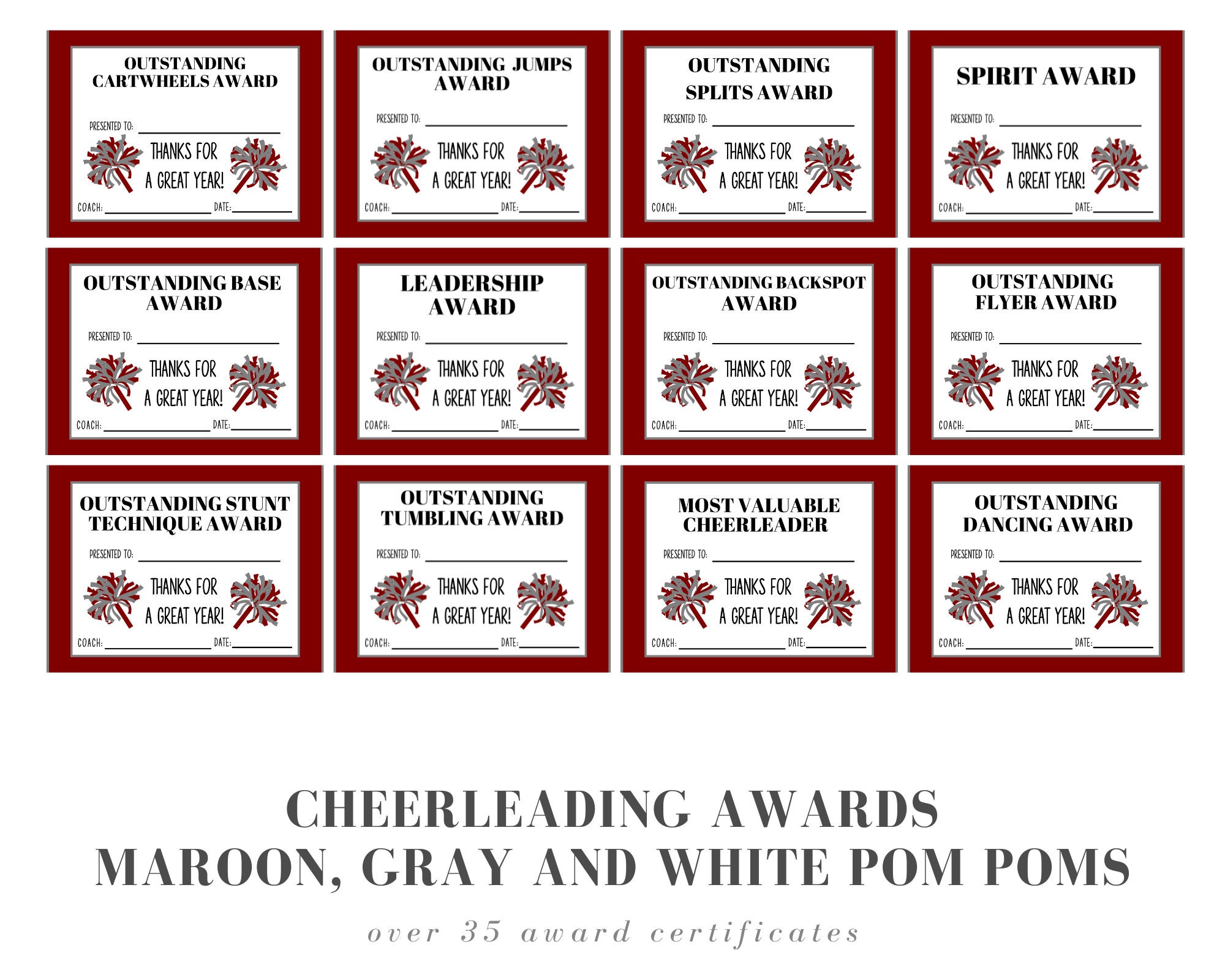 Cheerleading Award Certificates | Maroon Gray and White Pom Poms - Etsy