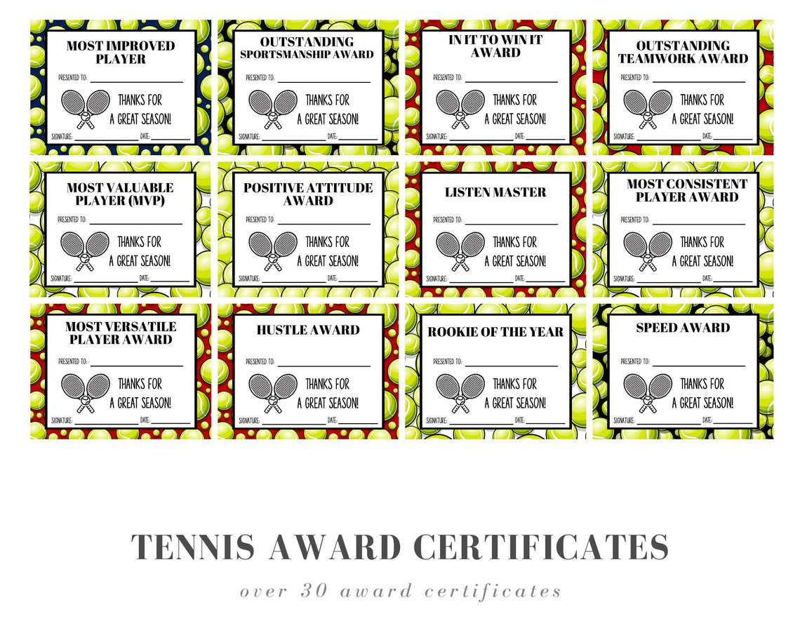 Tennis Award Certificates | End of Season Printable Certificates - Etsy