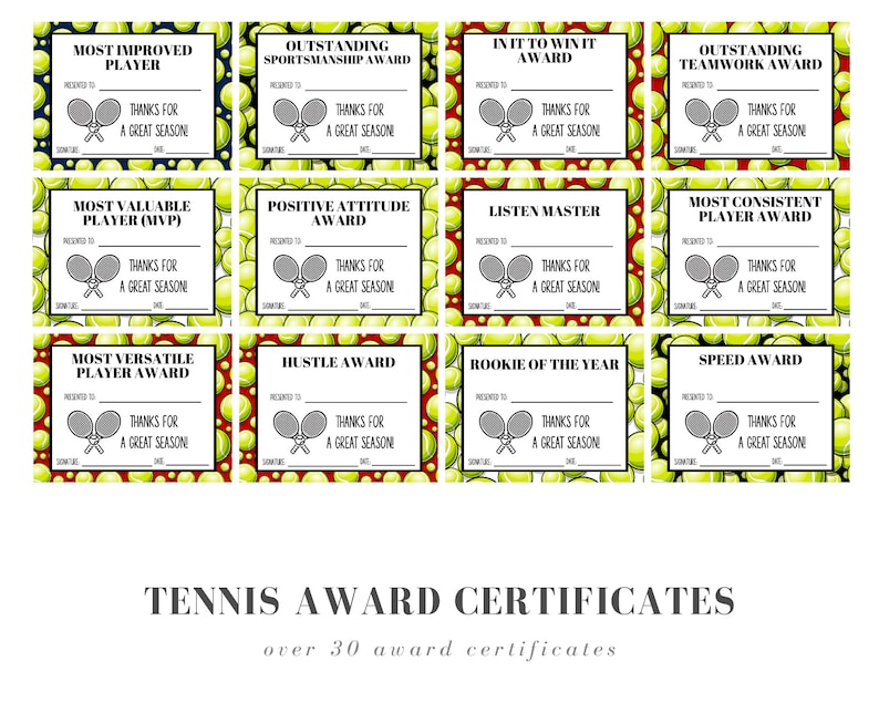 Tennis Award Certificates | End of Season Printable Certificates - Etsy