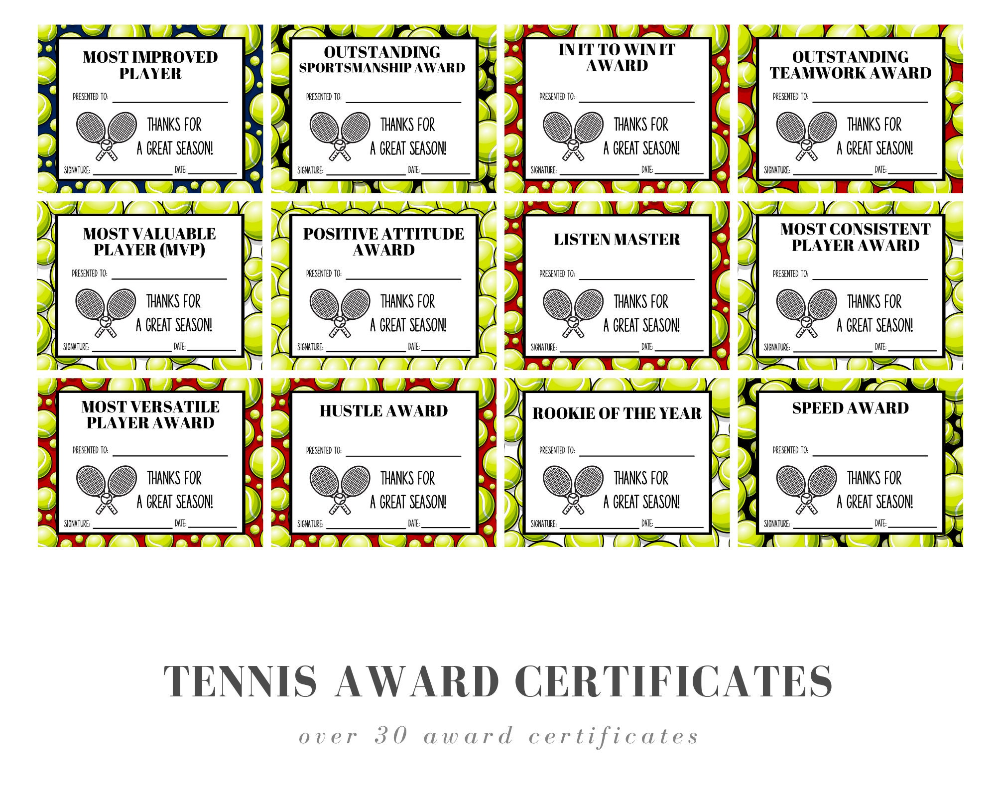 Tennis Award Certificates | End of Season Printable Certificates - Etsy