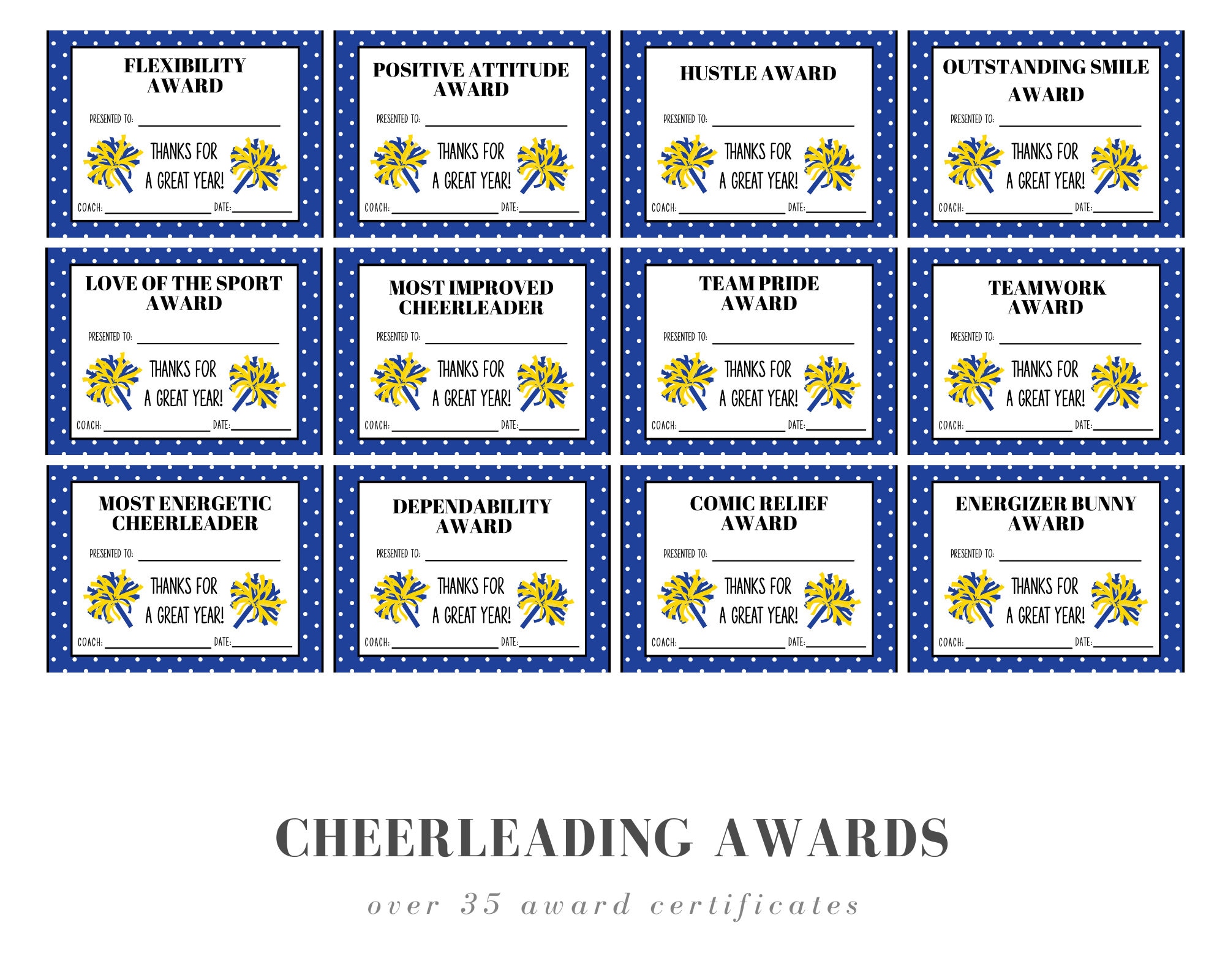 Cheerleading Award Certificates | Royal Blue and Gold Pom Poms - Etsy