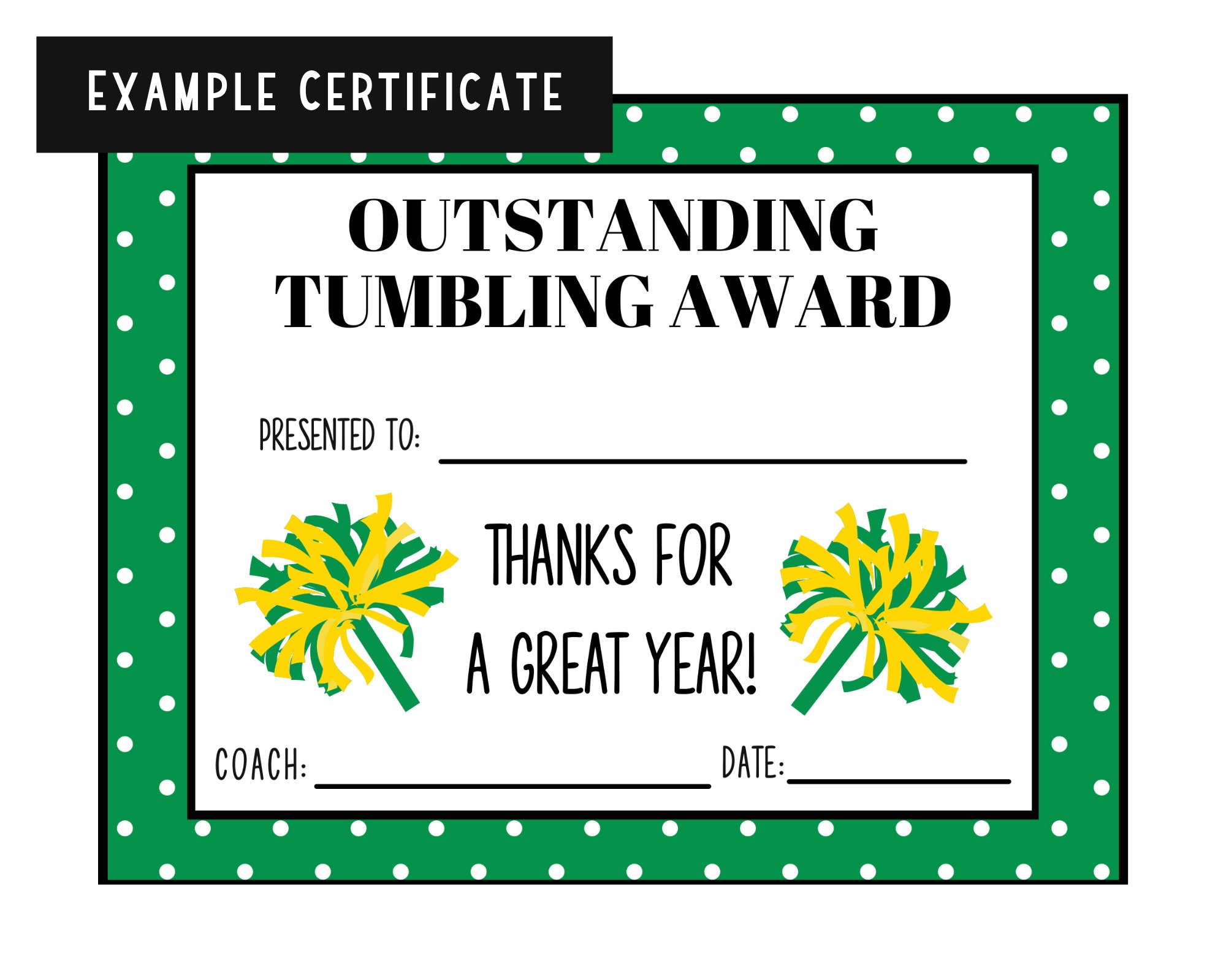 Cheerleading Award Certificates | Green and Gold Pom Poms - Etsy