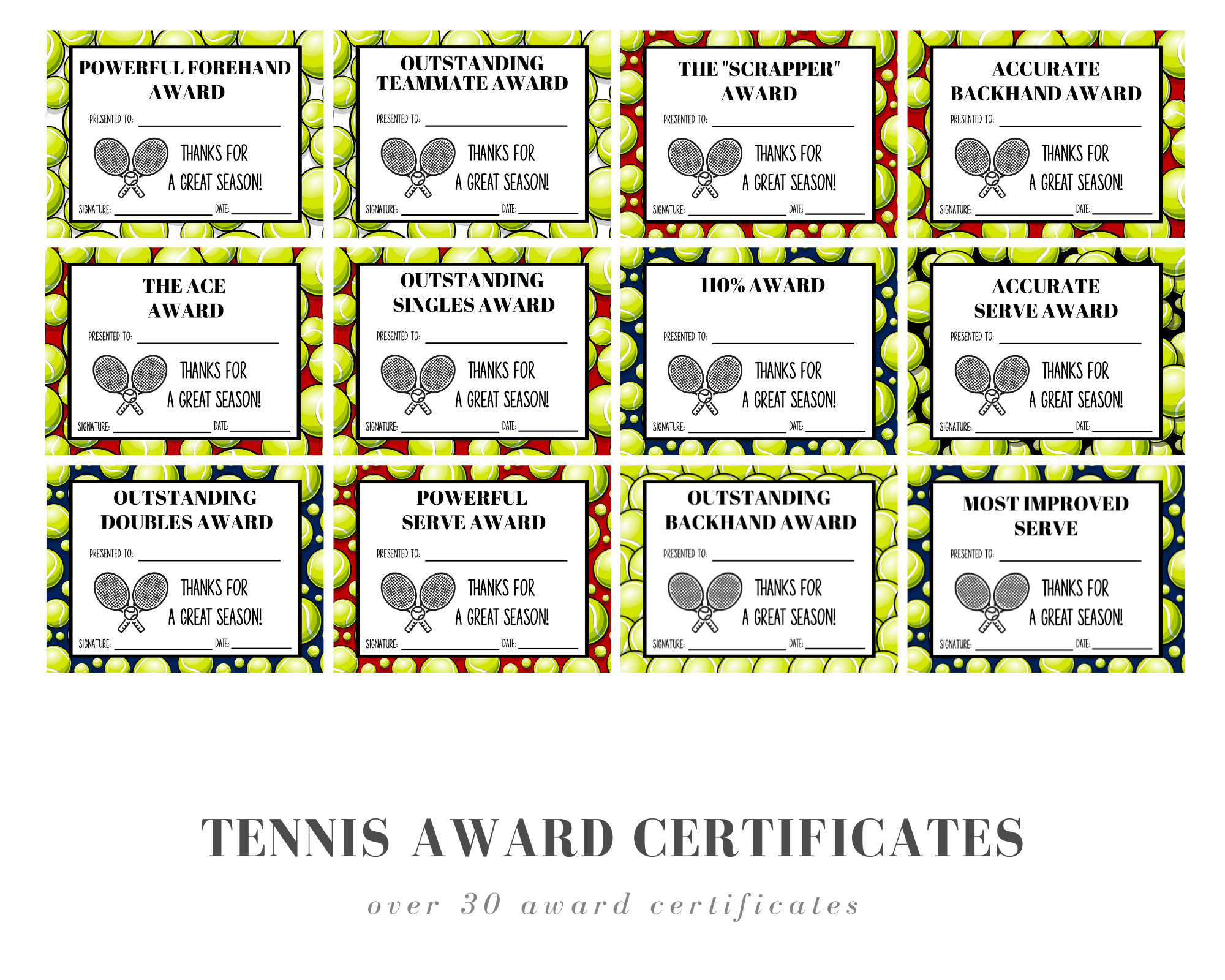 Tennis Award Certificates | End of Season Printable Certificates - Etsy