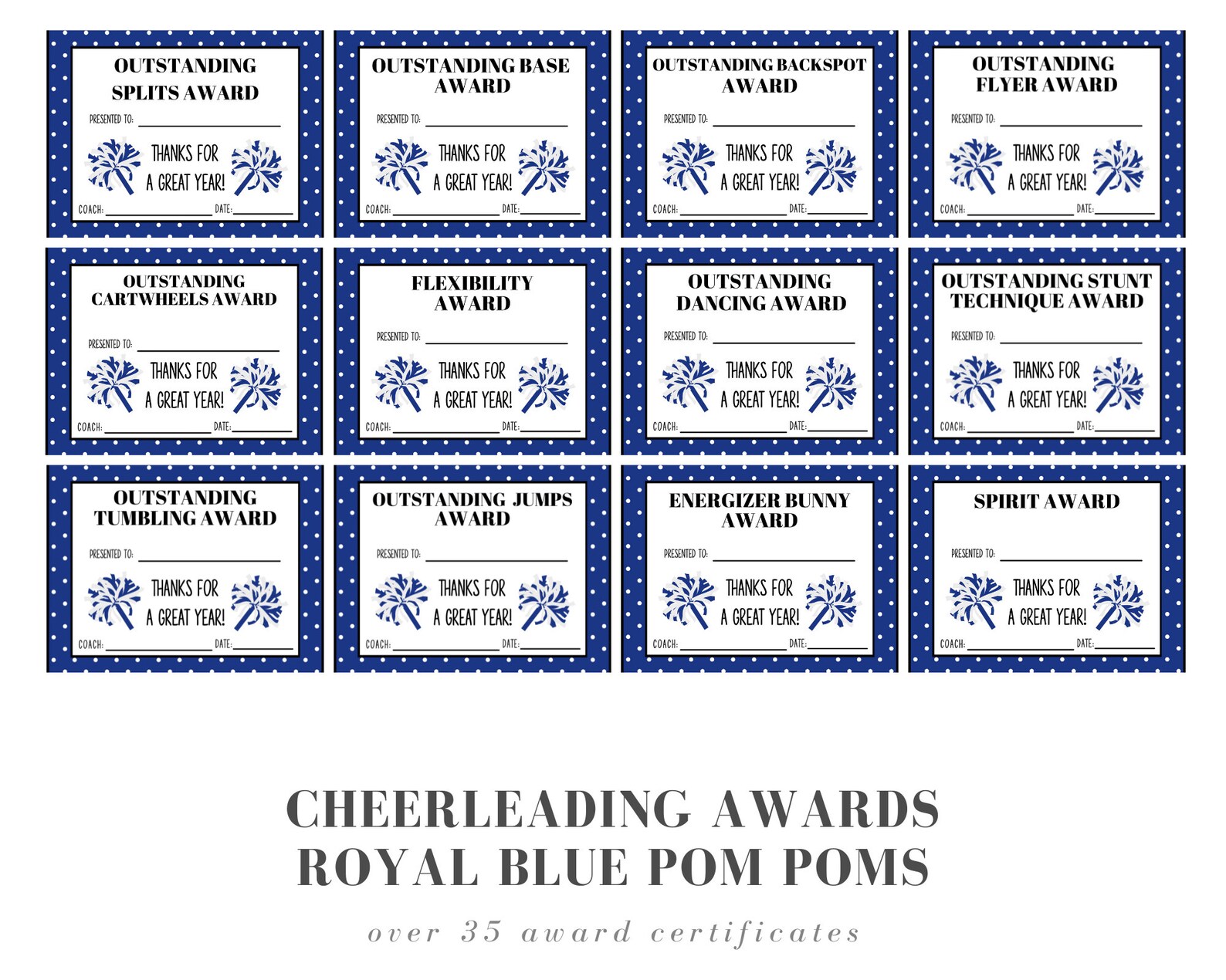 Cheerleading Award Certificates | Royal Blue Pom Poms - Etsy