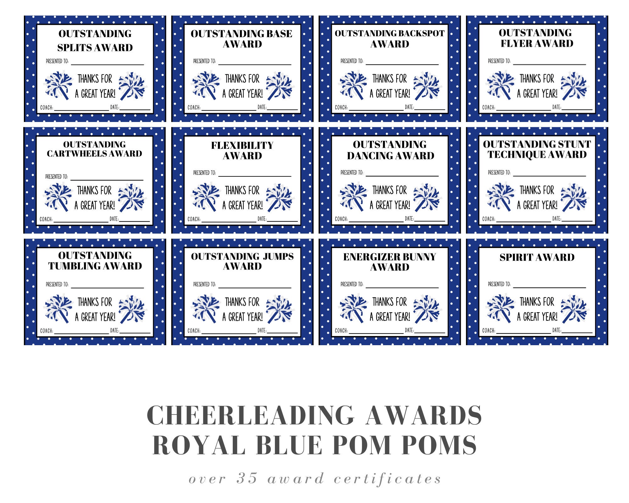 Cheerleading Award Certificates | Royal Blue Pom Poms - Etsy