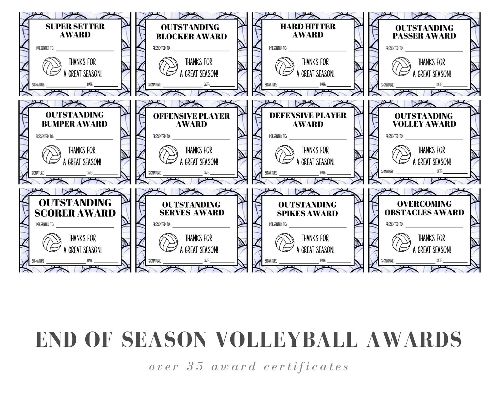 End Of Season Volleyball Award Certificates 30 Volleyball Etsy