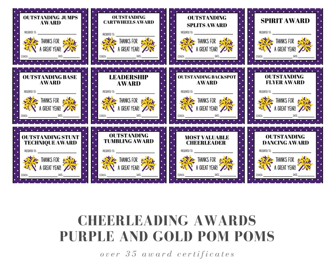 Cheerleading Award Certificates | Purple and Gold Pom Poms - Etsy