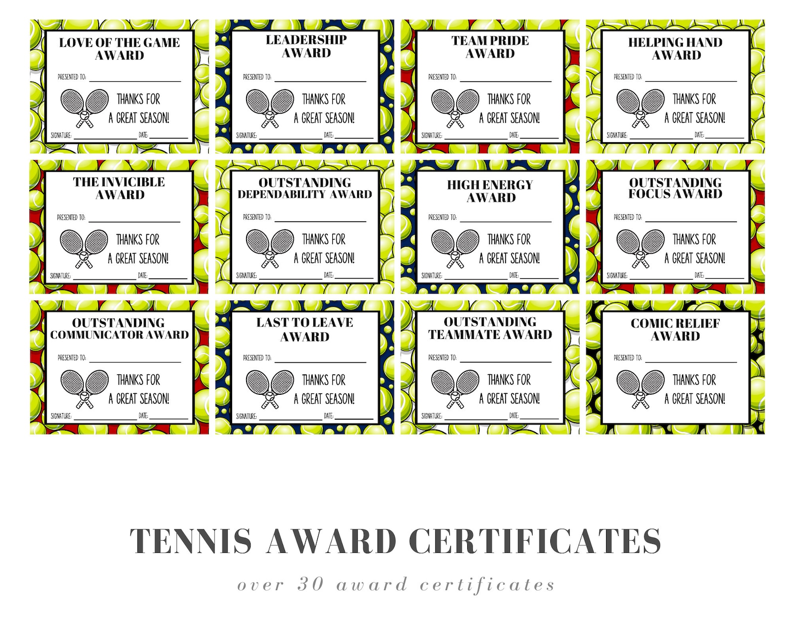 Tennis Award Certificates | End of Season Printable Certificates - Etsy