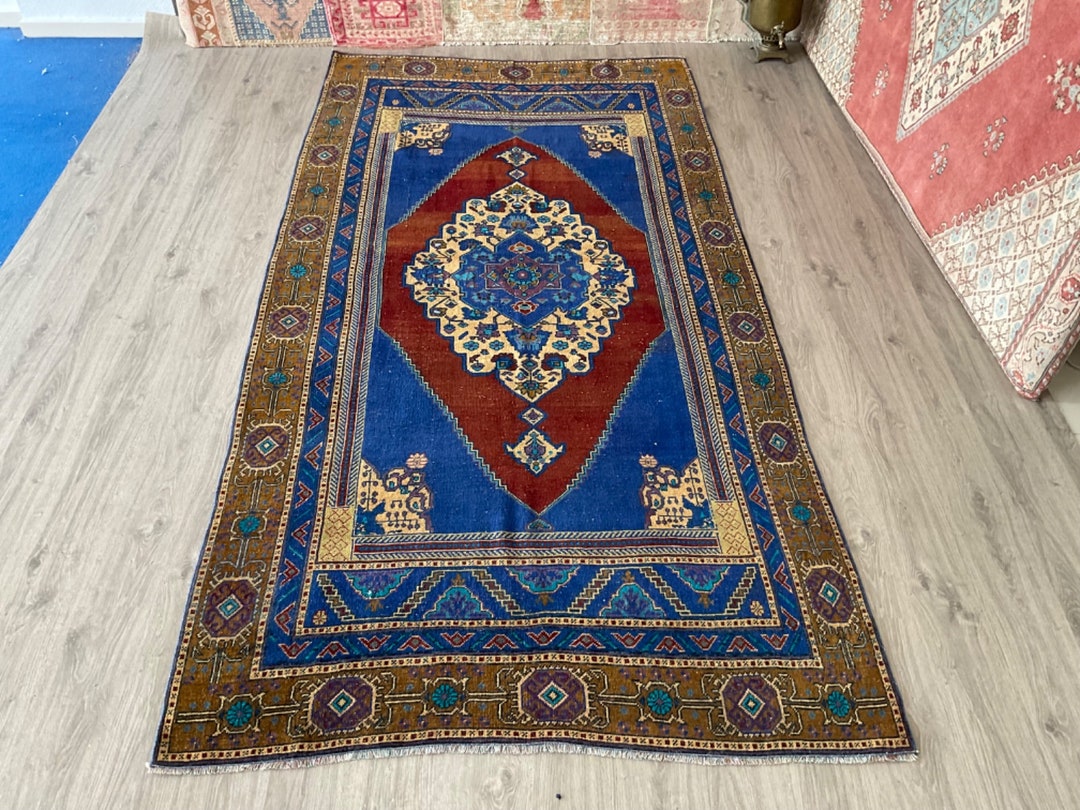 5x9 Blue Red Area Rug, Traditional Area Rug, Handmade Rug, Vintage Rug ...