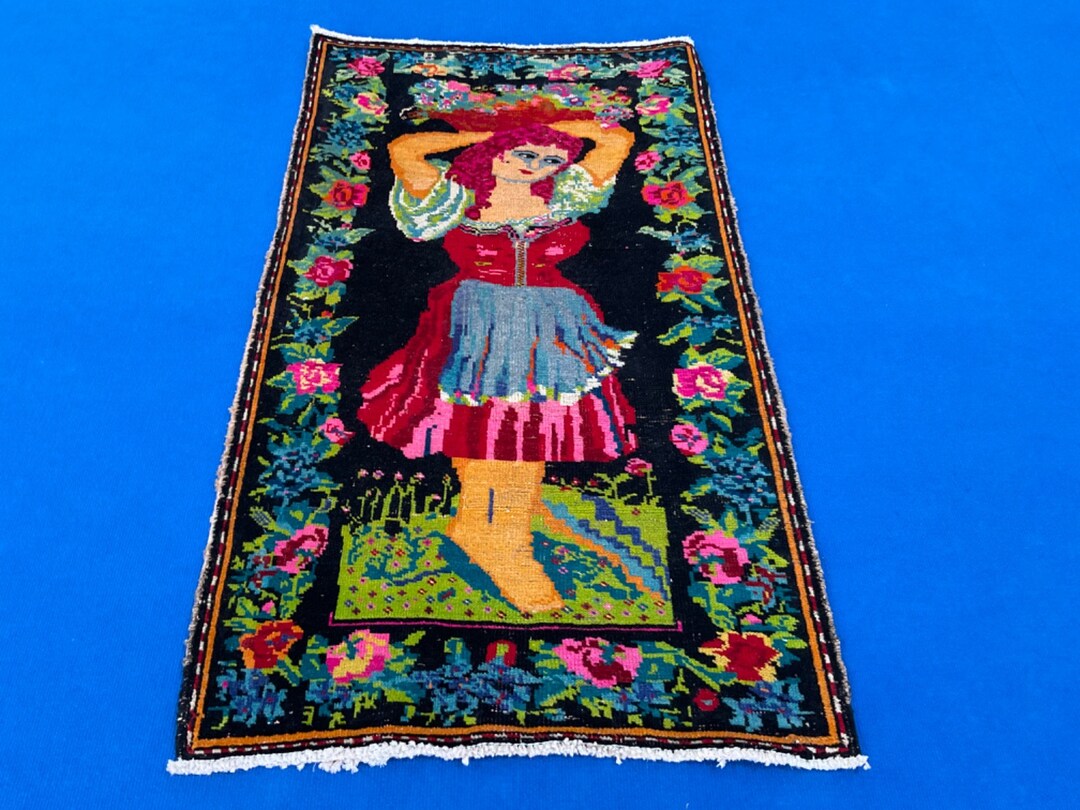 2x4 Girl Motif Kilim, Handmade Rug, Kitchen Rug, Bedroom Rug, Antique ...