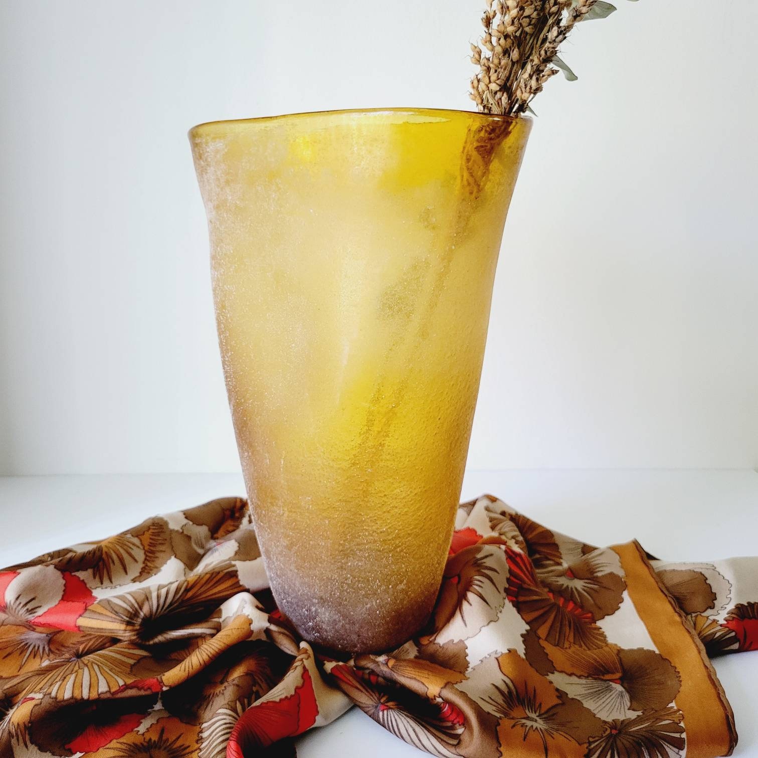 Tall Amber Textured Glass V Shaped Vase. Open Rim Art Glass | Etsy