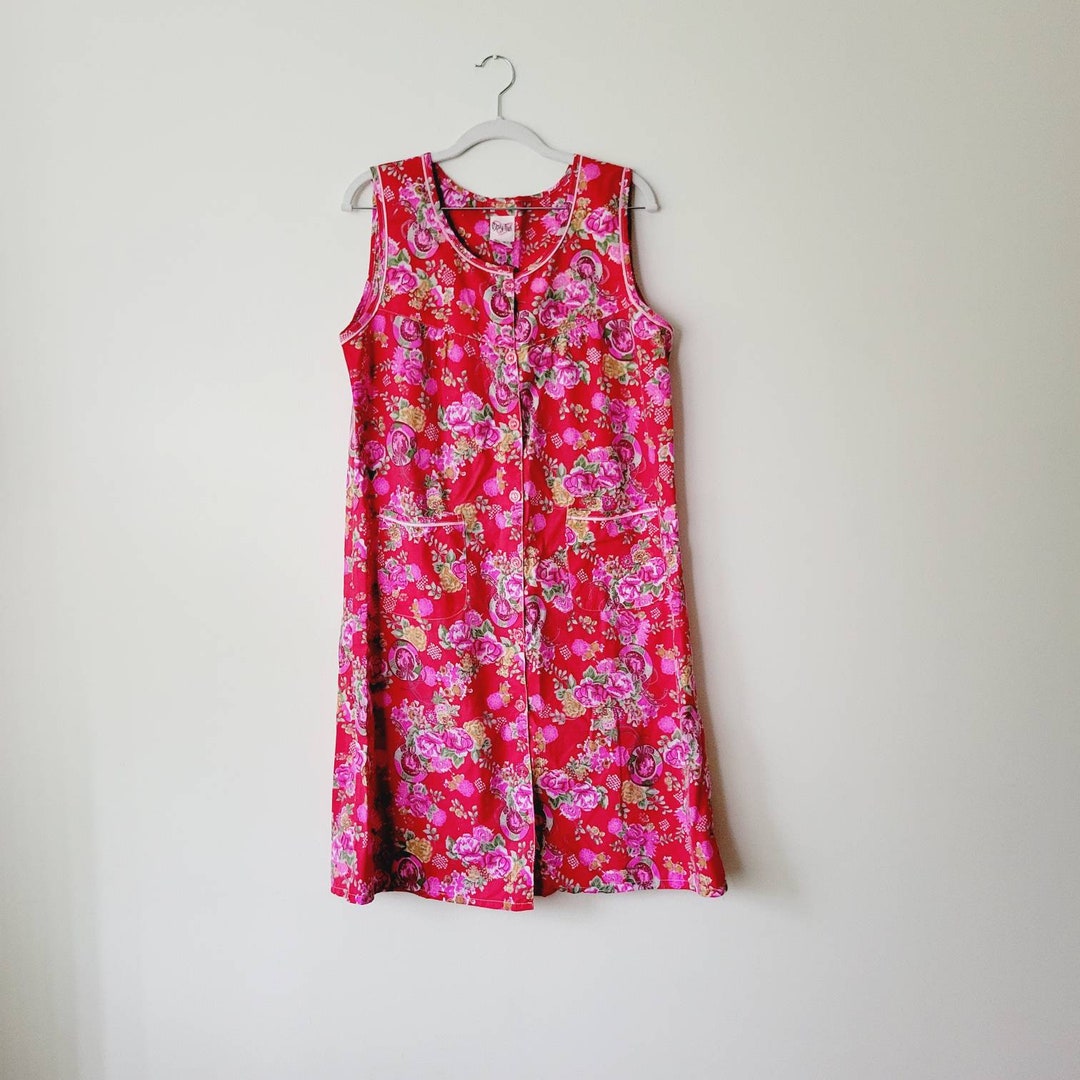 Bright Floral Pink and Red Button up Sundress. Vintage Y2K Nightgown ...