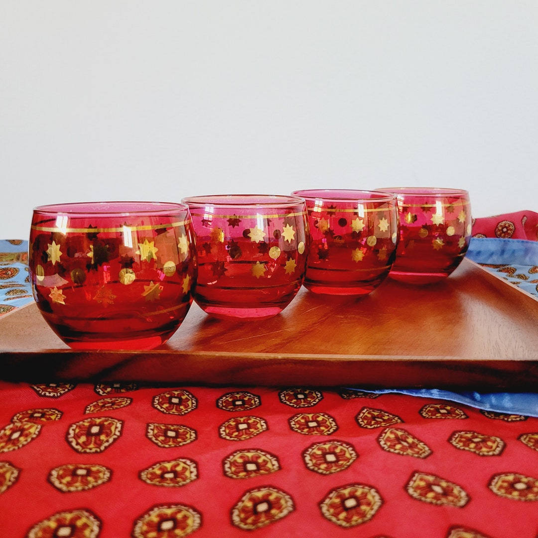 4 Cranberry Pink Roly Poly Cocktail Glasses. Hot Pink and Gold Star ...