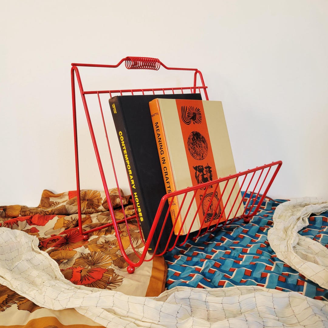 Red Metal Wire Magazine Rack for Tabletop or Hanging Storage. Simple ...