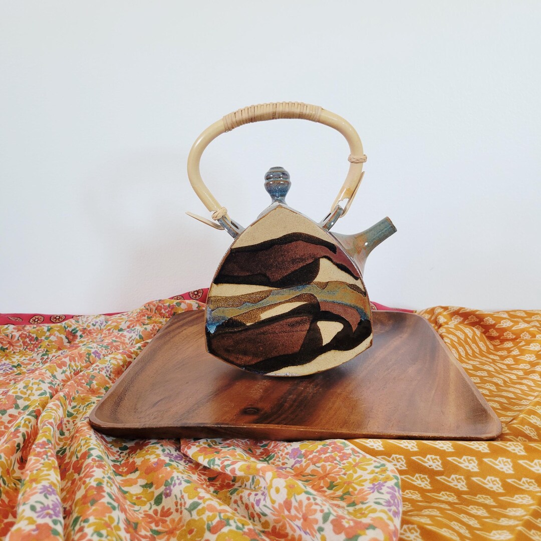 Triangular Drip Glaze Studio Pottery Teapot With Rattan Handle. Funky ...