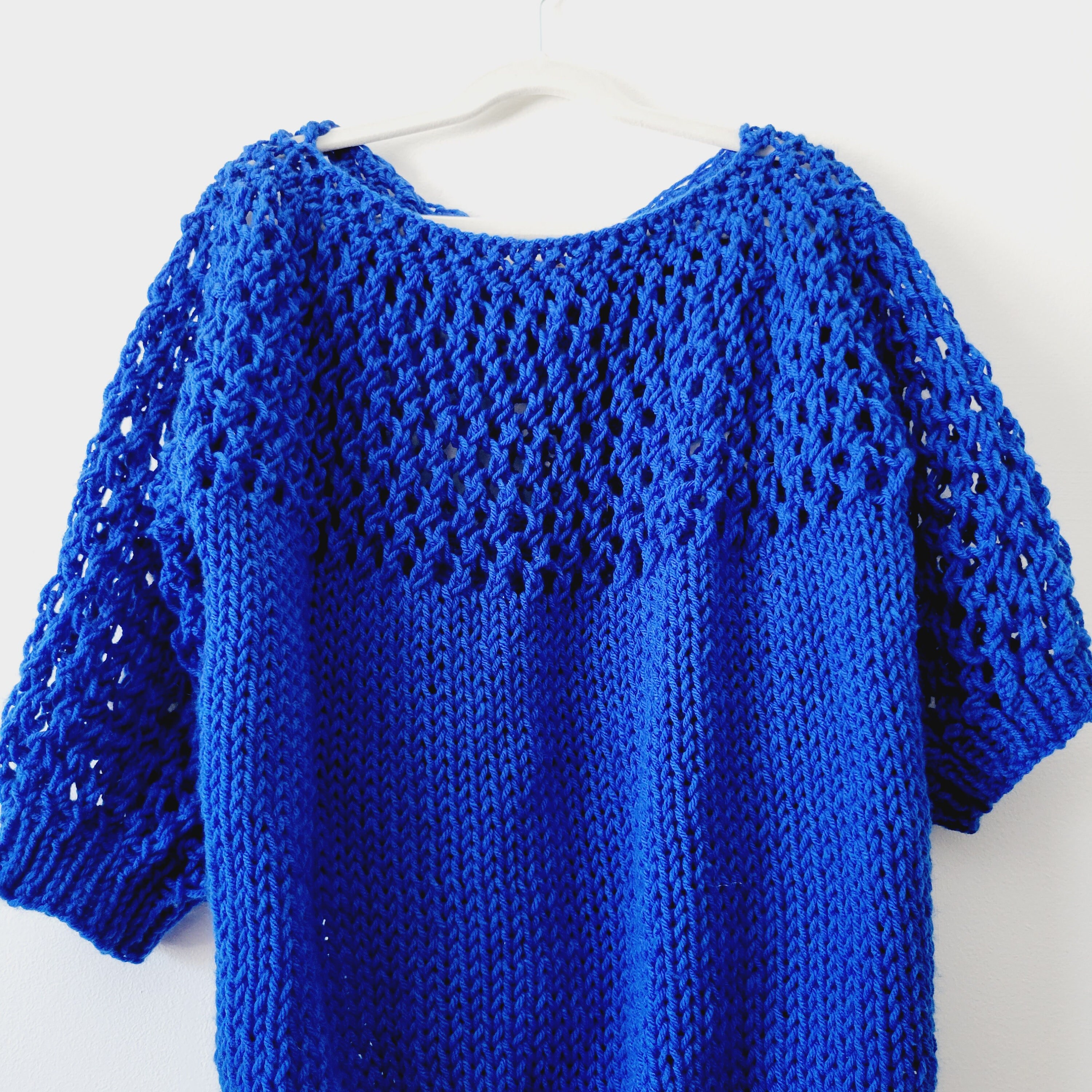 Bright Cobalt Blue Hand Knit Boat Neck Sweater. Chunky Open Knit ...