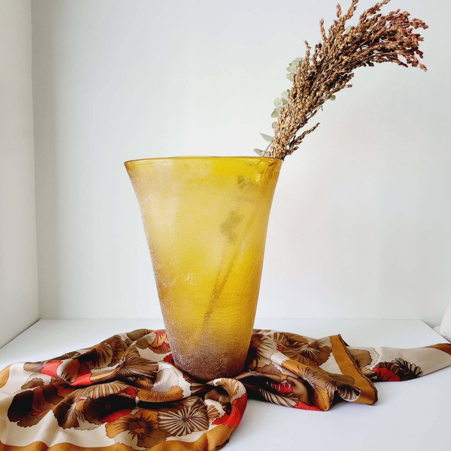 Tall Amber Textured Glass V Shaped Vase. Open Rim Art Glass | Etsy