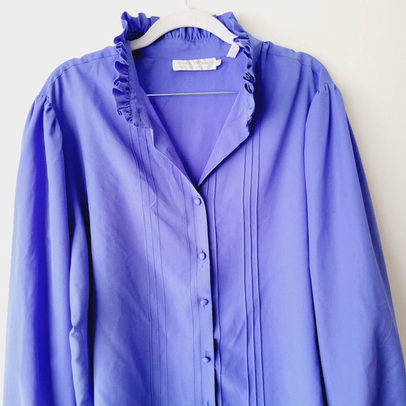 Flowy Periwinkle Ruffled Collar Button Up Blouse. Plu… - Gem