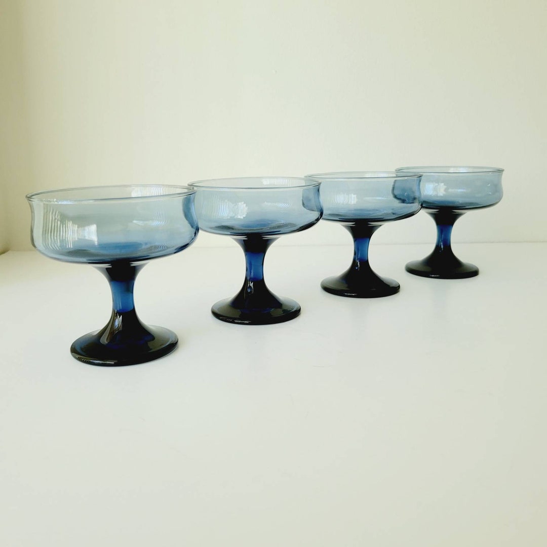 4 Libbey Connoisseur Dusky Blue Champagne Coupes. Retro Shape Tulip ...