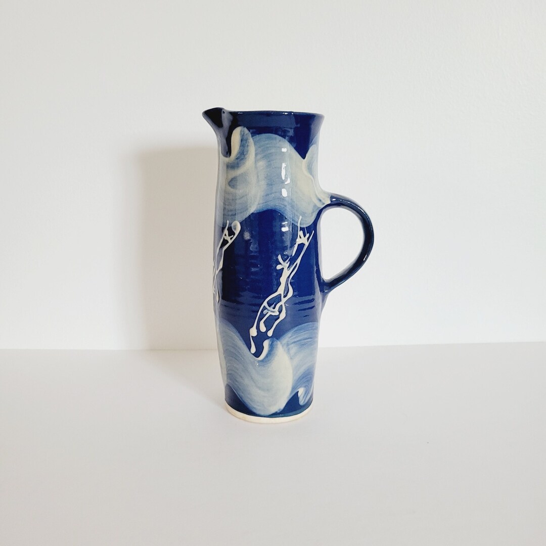 Navy Blue and White Handmade Pottery Pitcher. Wavy Design Jug Carafe ...