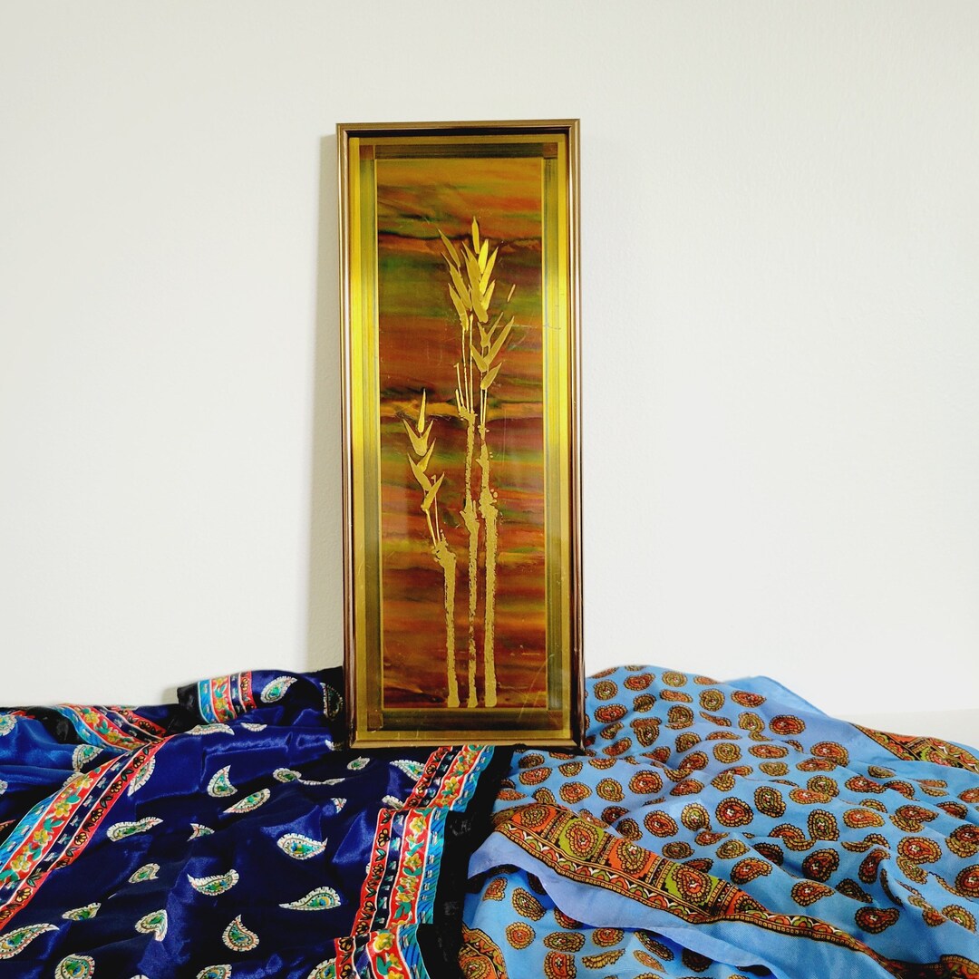 Boho Etched Metal Bamboo Wall Hanging. Inlaid Brass and Gold Wheatgrass ...