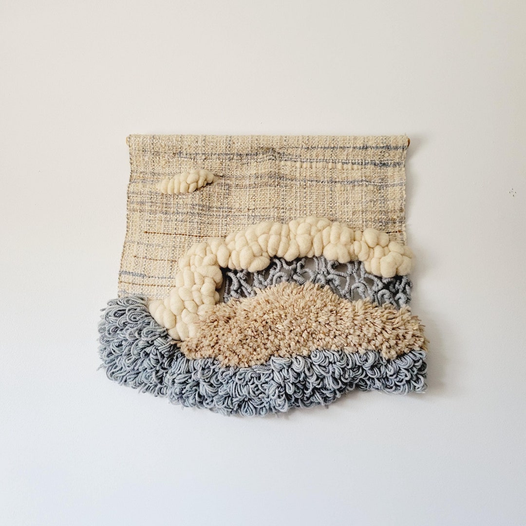 Cream and Blue Tufted Fiber Art Wall Hanging. Vintage 70s Rya Looped ...