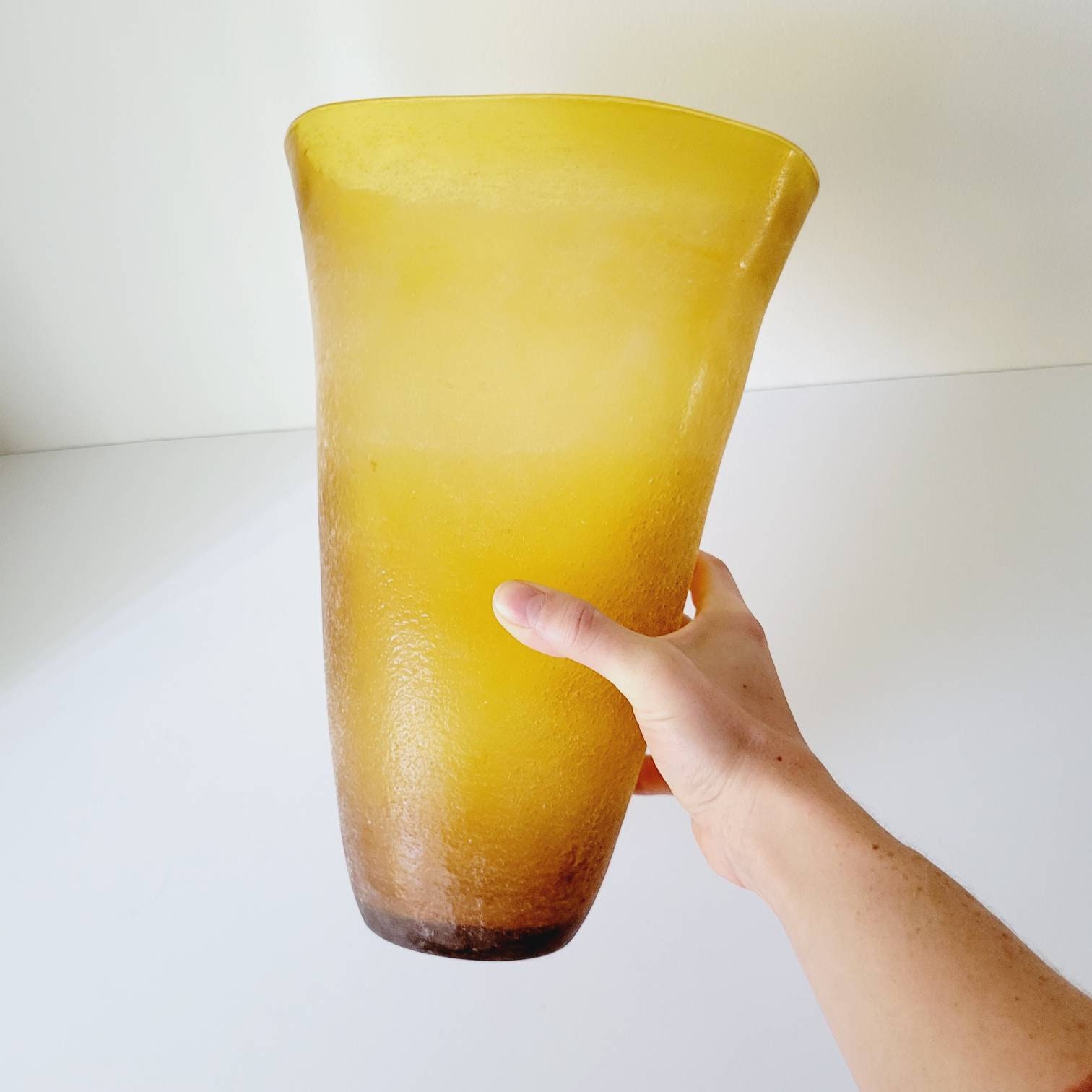 Tall Amber Textured Glass V Shaped Vase. Open Rim Art Glass | Etsy