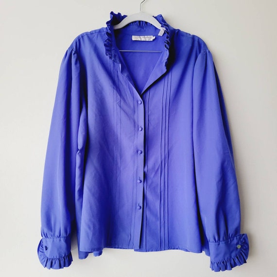 Flowy Periwinkle Ruffled Collar Button Up Blouse. Plu… - Gem