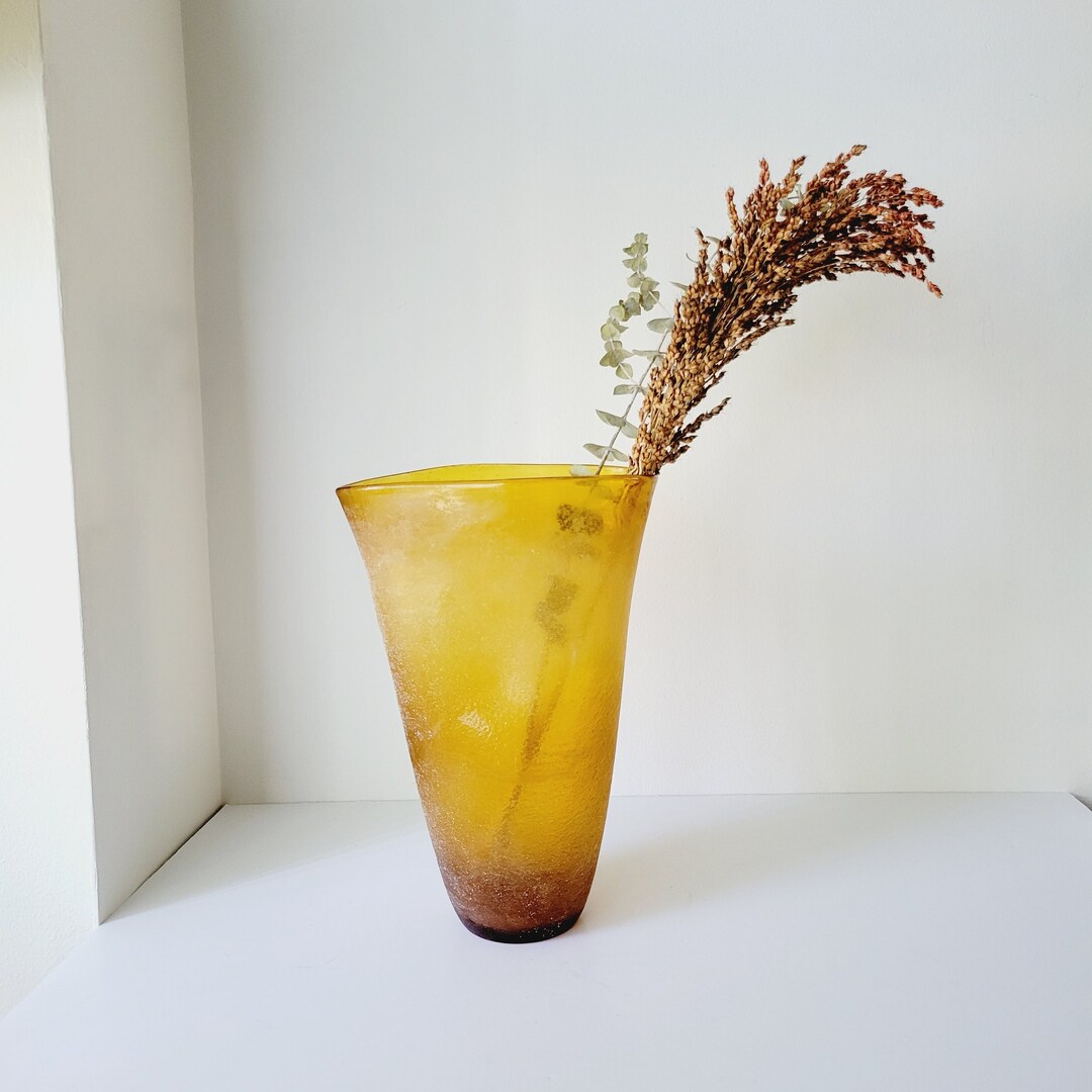 Tall Amber Textured Glass V Shaped Vase. Open Rim Art Glass Vase ...