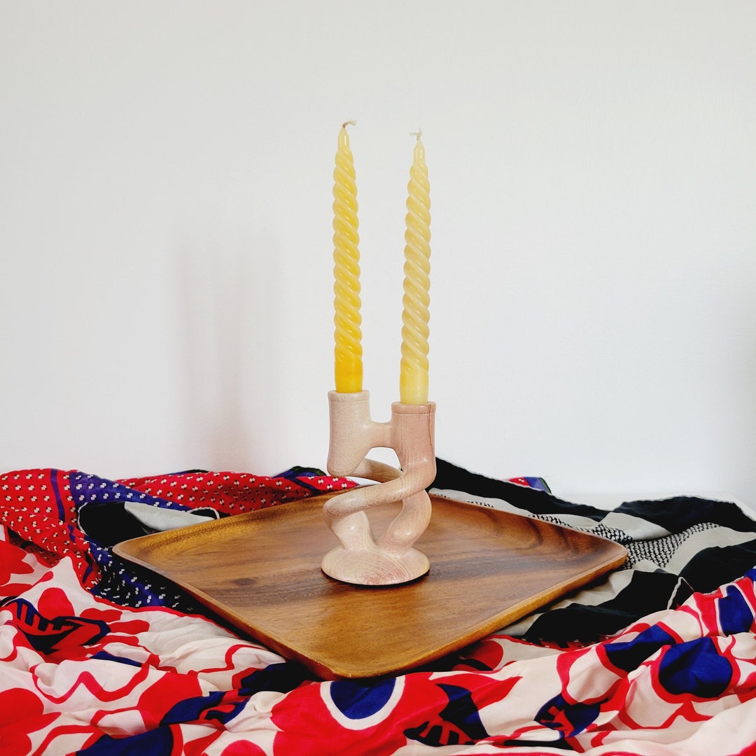 Pastel Pink Twisted Stone Dual Sided Candleholder. Polished Soapstone Swirled Candelabra ...