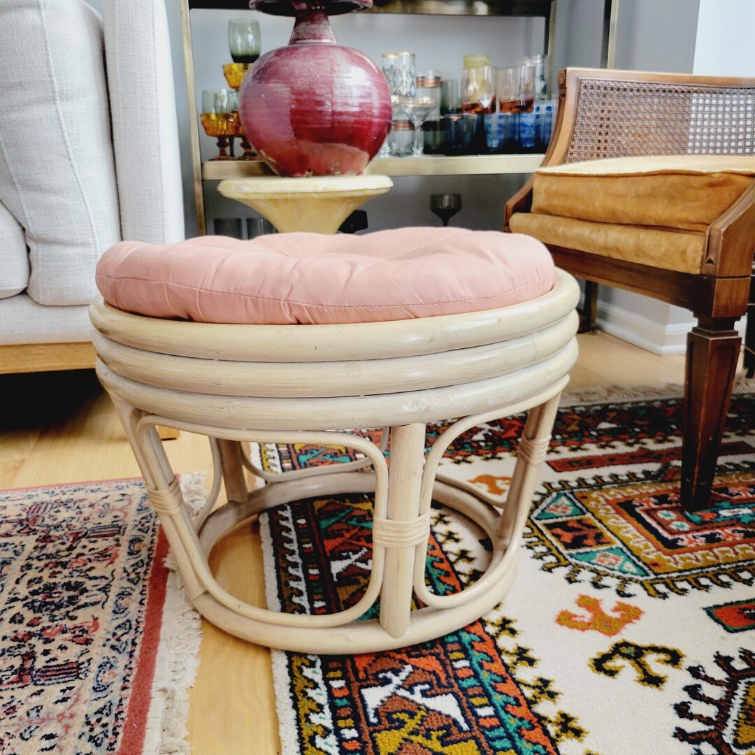 80s Blonde Rattan Papasan Ottoman. Boho Pastel Vintage Footrest. Round ...