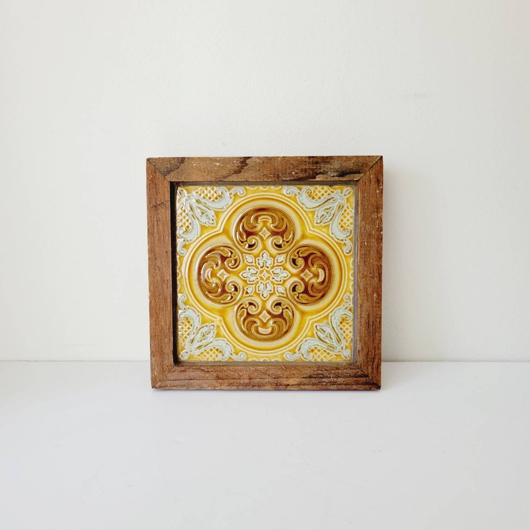 Vintage Handmade Tile Wall Hanging. Framed Boho Tile Art. Pastel Ornate ...