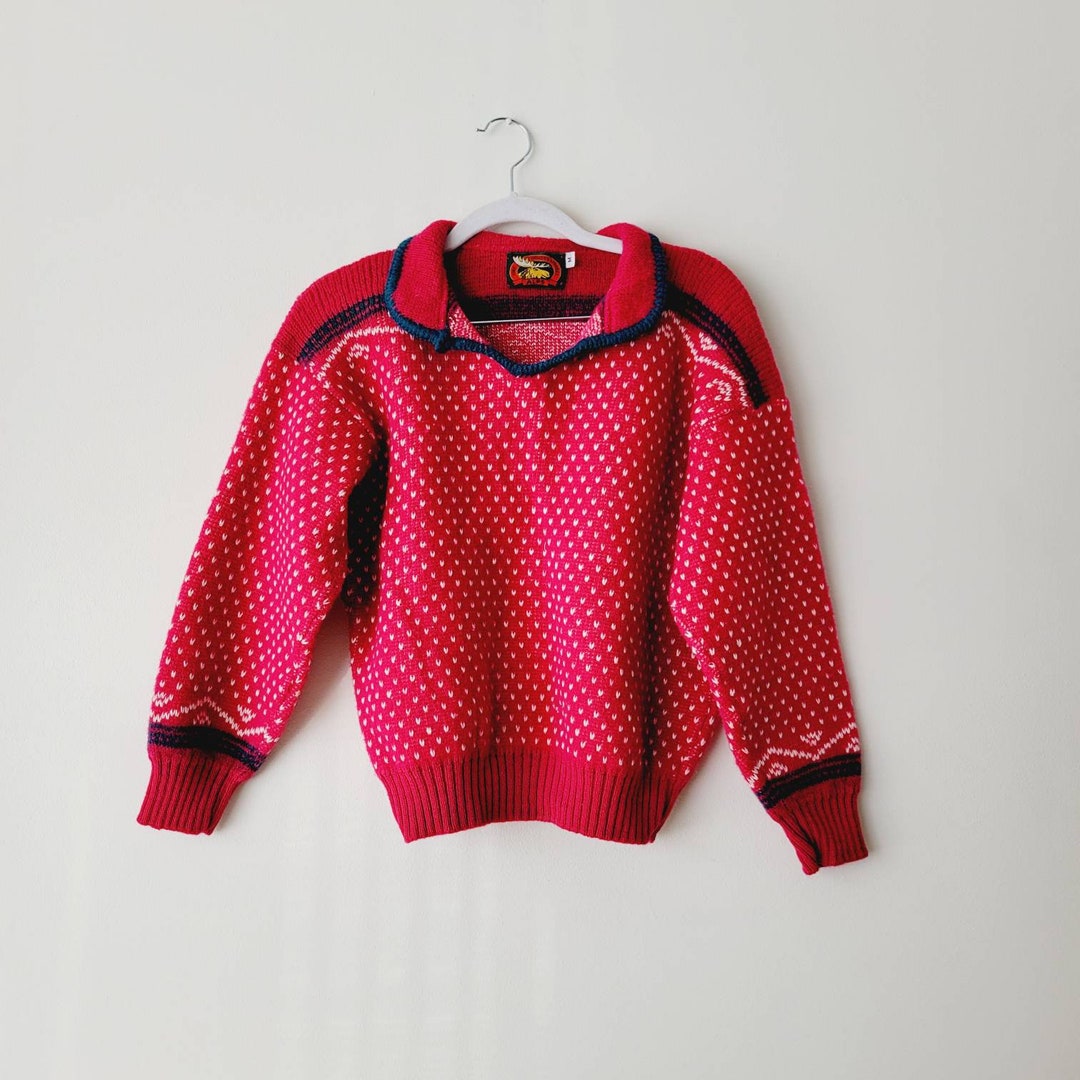 Vintage Hot Pink Fair Isle Sweater. Bright 80s Wool Keyhole Henley ...