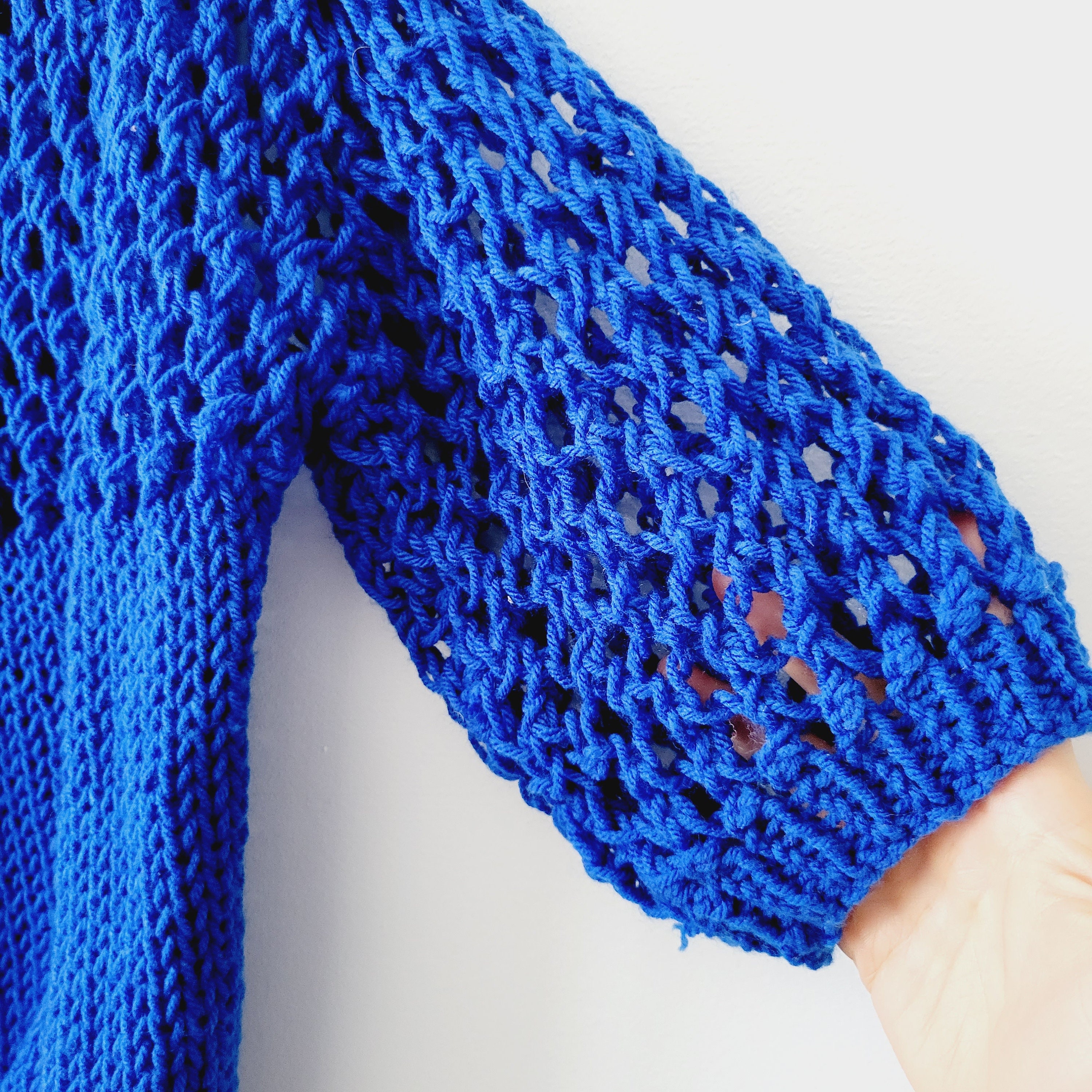 Bright Cobalt Blue Hand Knit Boat Neck Sweater. Chunky Open Knit ...