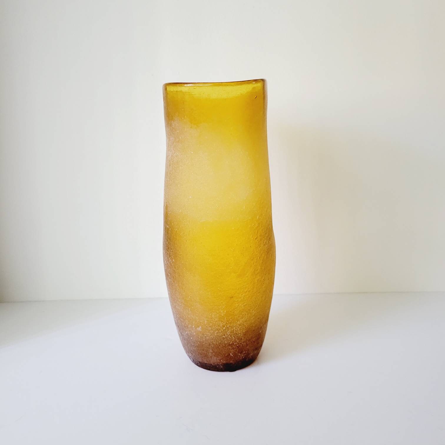 Tall Amber Textured Glass V Shaped Vase. Open Rim Art Glass | Etsy