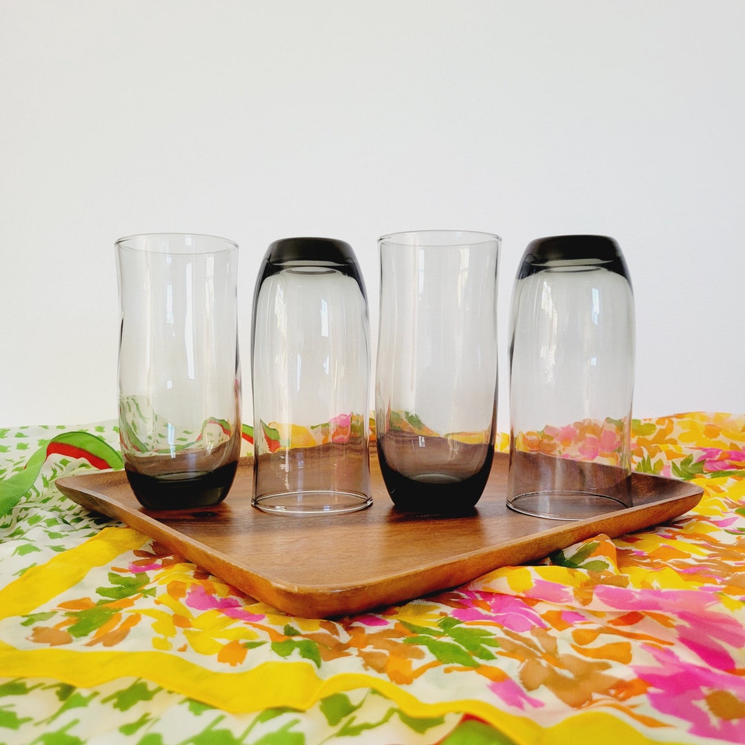 4 Smoky Gray Curved Bottom Large Water Tumblers. Retro Tulip Shape ...