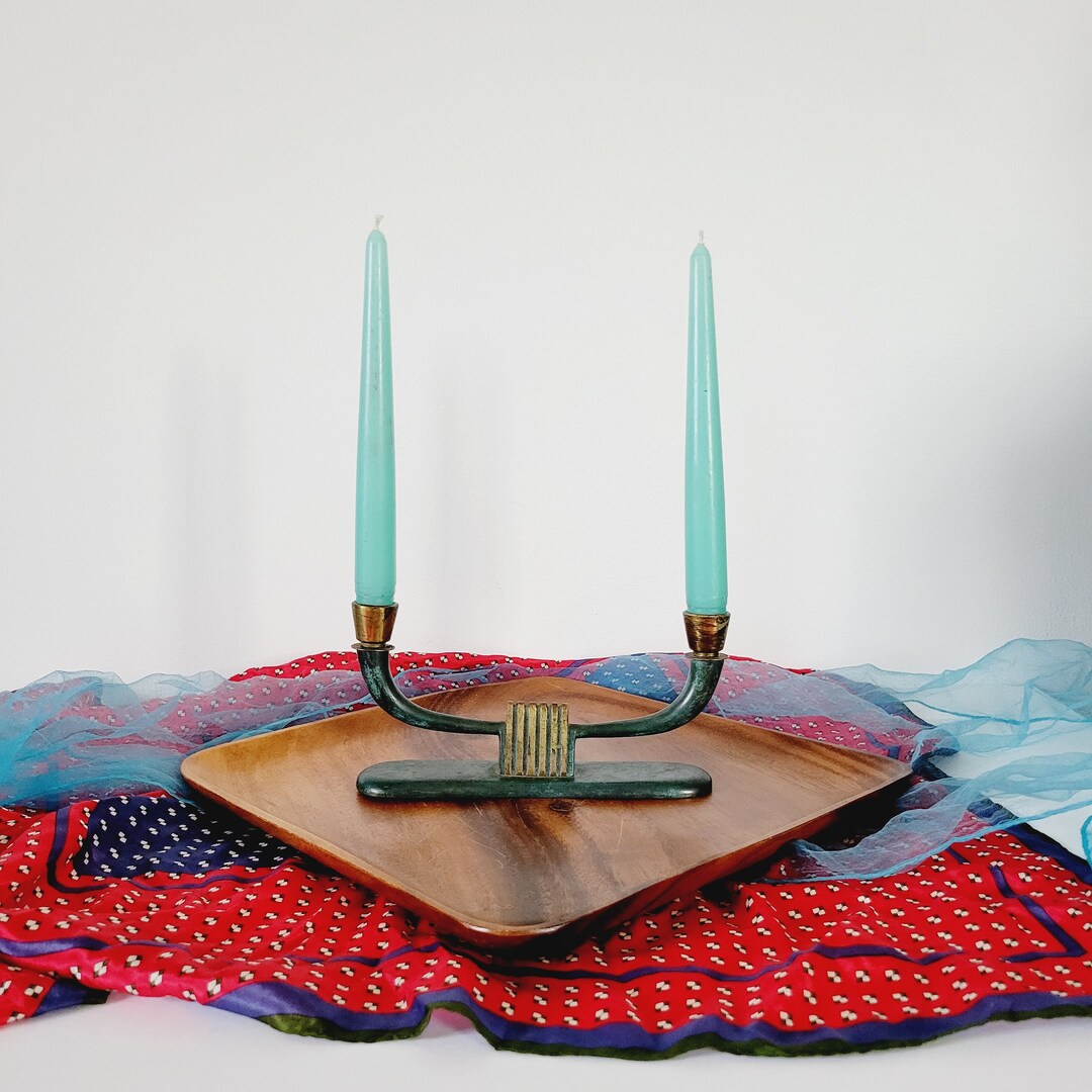 Teal and Gold Brass Pal-bell Art Deco Candelabra. Vintage Mid Century ...