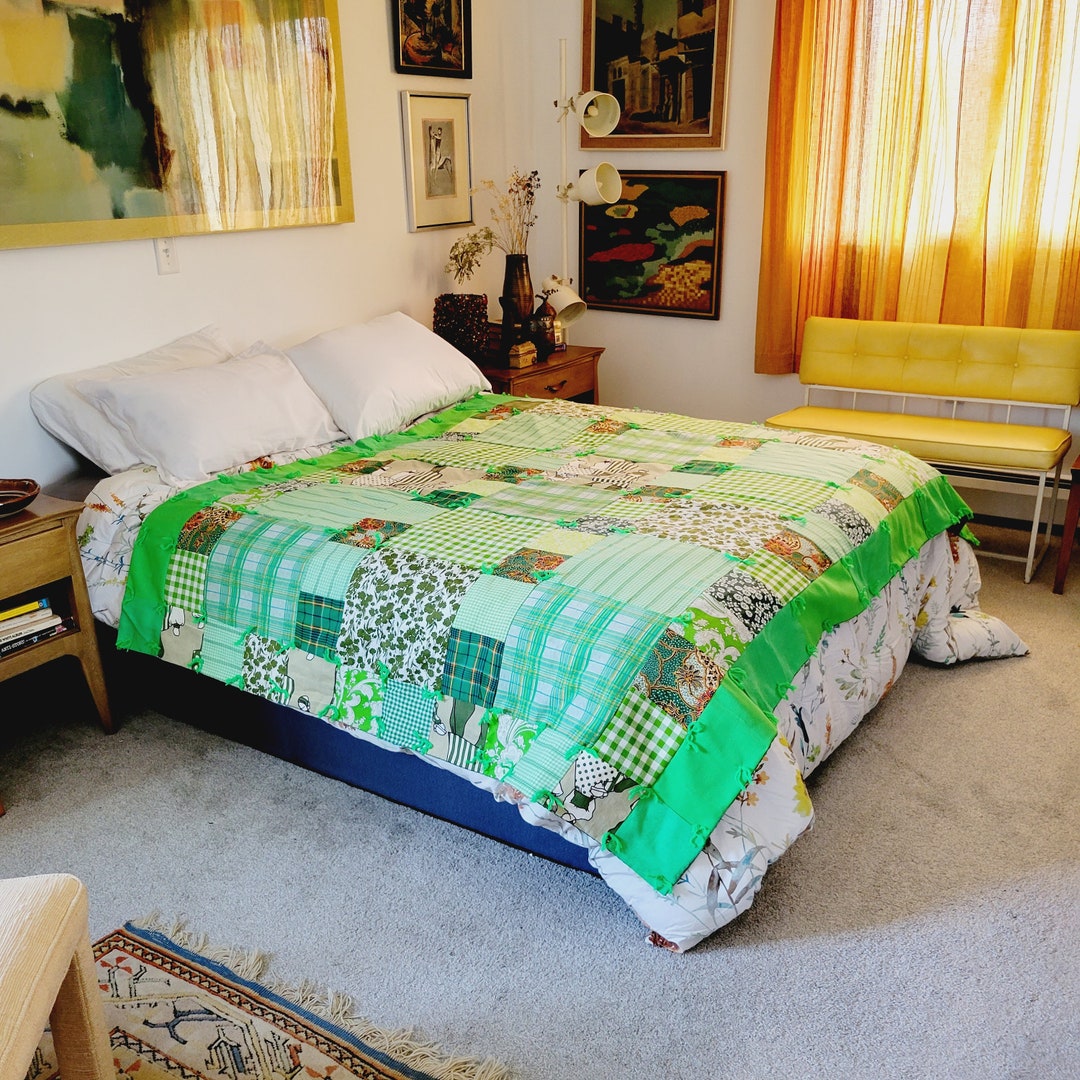 70s Lime Green Patchwork Quilt Blanket. Colorful Vintage Bonnet Girl Bedding. Kitschy ...
