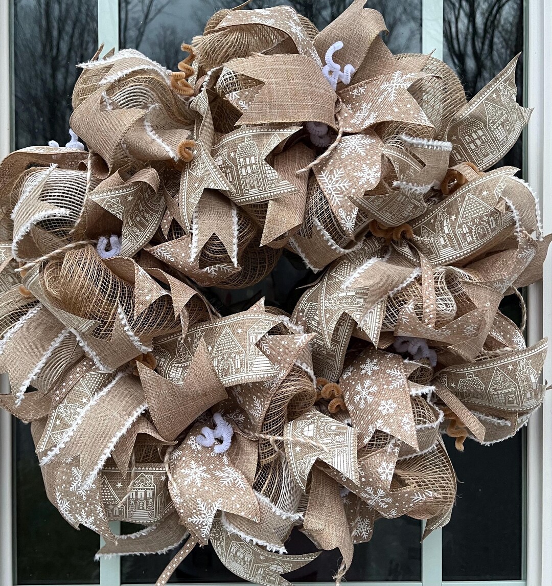 Snowflake Winter Gingerbread Village Deco Mesh Wreath: Neutral Colors ...