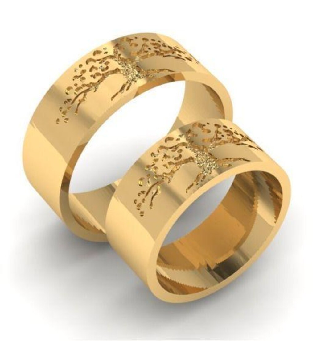 Tree of Life Wedding Ring Set, 14K Yellow Gold Handmade Rings, Matching ...