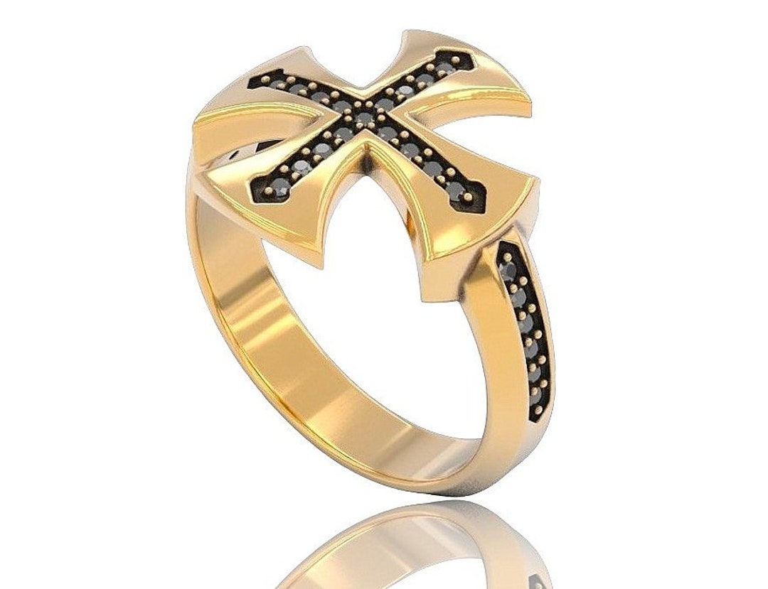14K Gold Jerusalem Cross Ring Set With Onyx Stones, Crucifix Pendant ...