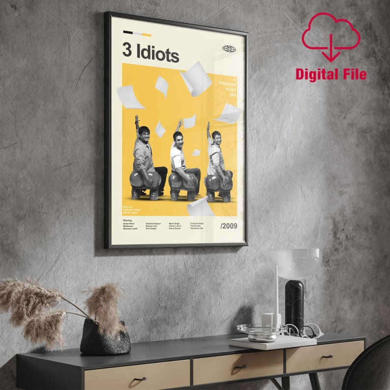 Mid Century Modern 3 Idiots Poster Digital Print, Modern Movie Wall Art ...
