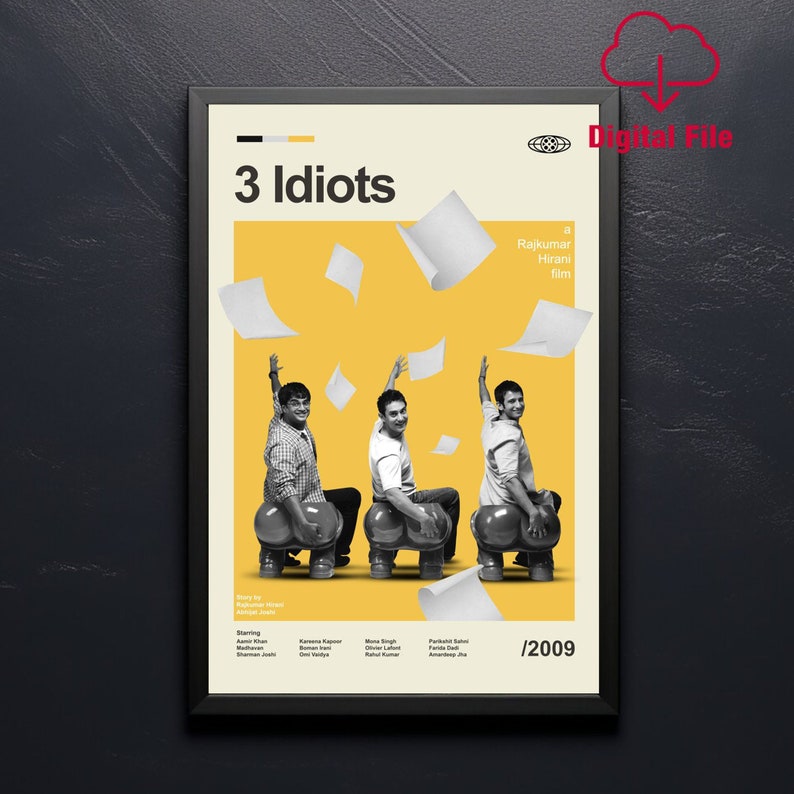 Mid Century Modern 3 Idiots Poster Digital Print, Modern Movie Wall Art ...
