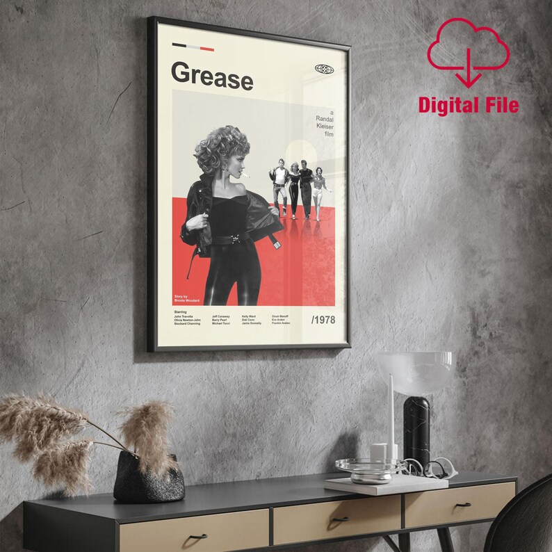 Mid Century Modern Grease Poster Digital Print, Modern Movie Wall Art ...