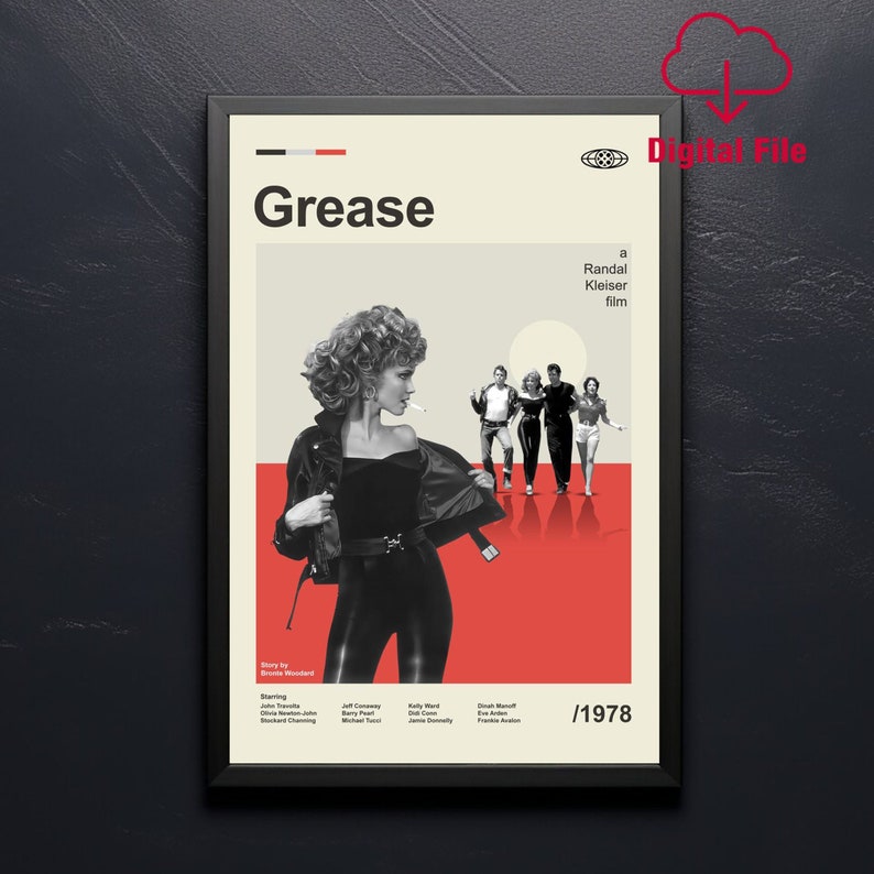 Mid Century Modern Grease Poster Digital Print, Modern Movie Wall Art ...